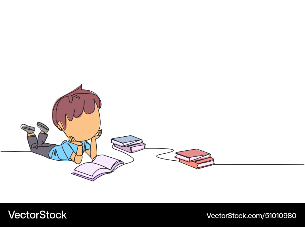 Single one line drawing smart boy reading books Vector Image