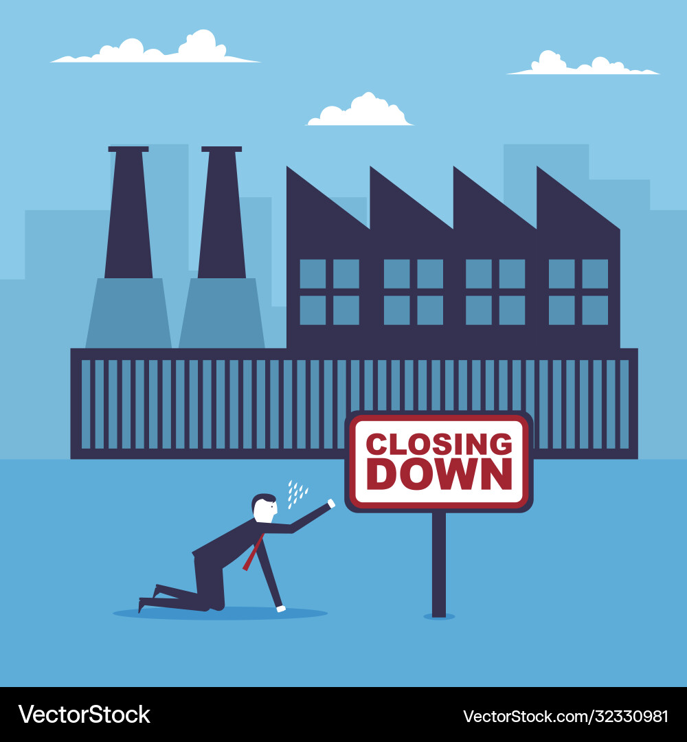 Businessman sad factory closing down Royalty Free Vector
