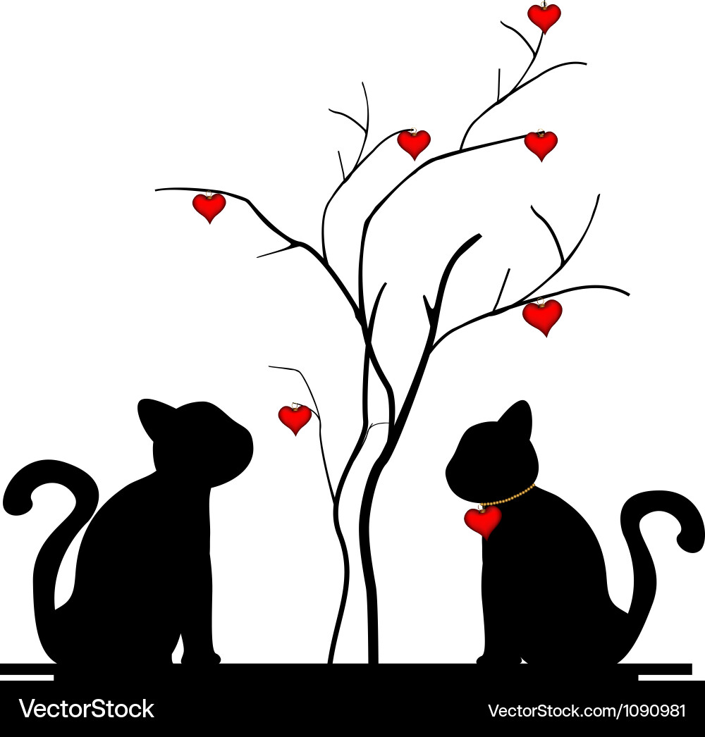 Silhouette of cat and a love tree Royalty Free Vector Image
