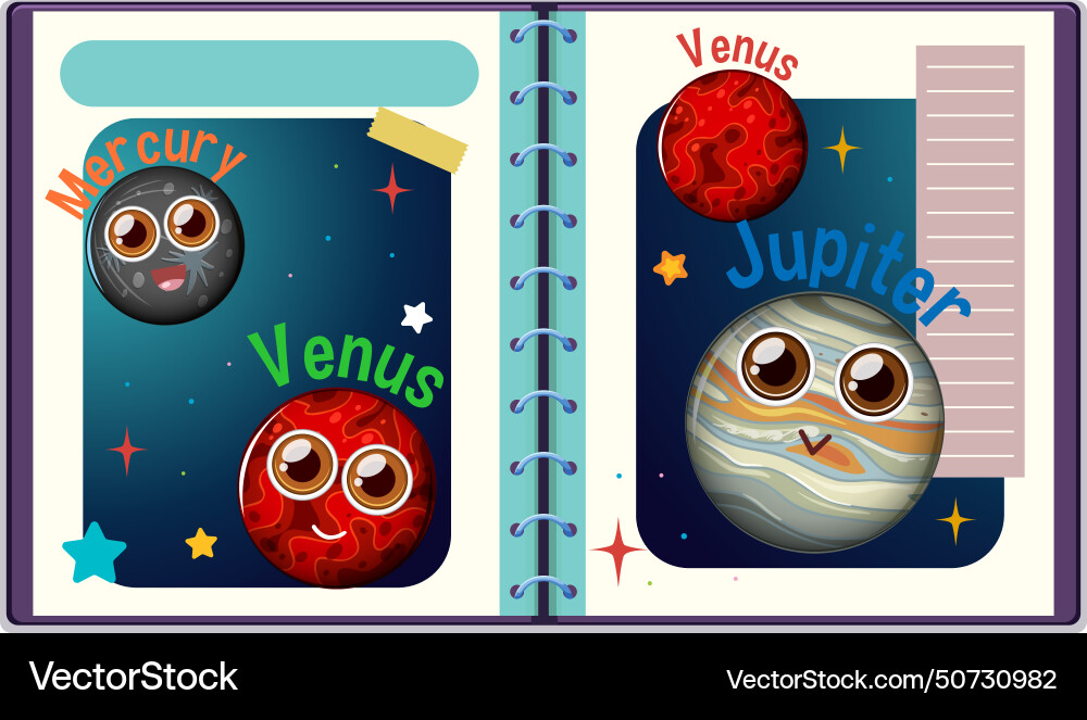 Cute anthropomorphic planets in a vibrant notebook