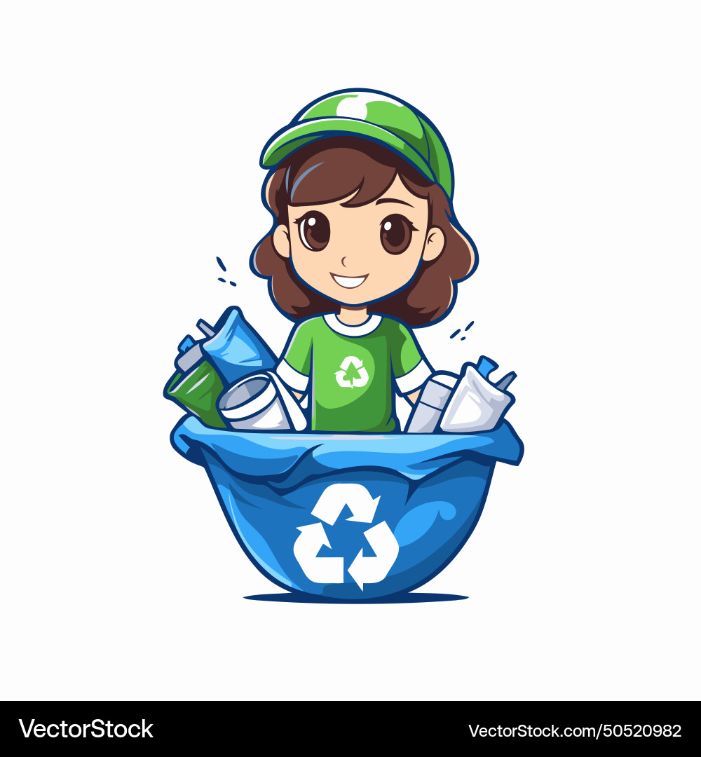 Cute girl sorting garbage in a trash can Vector Image