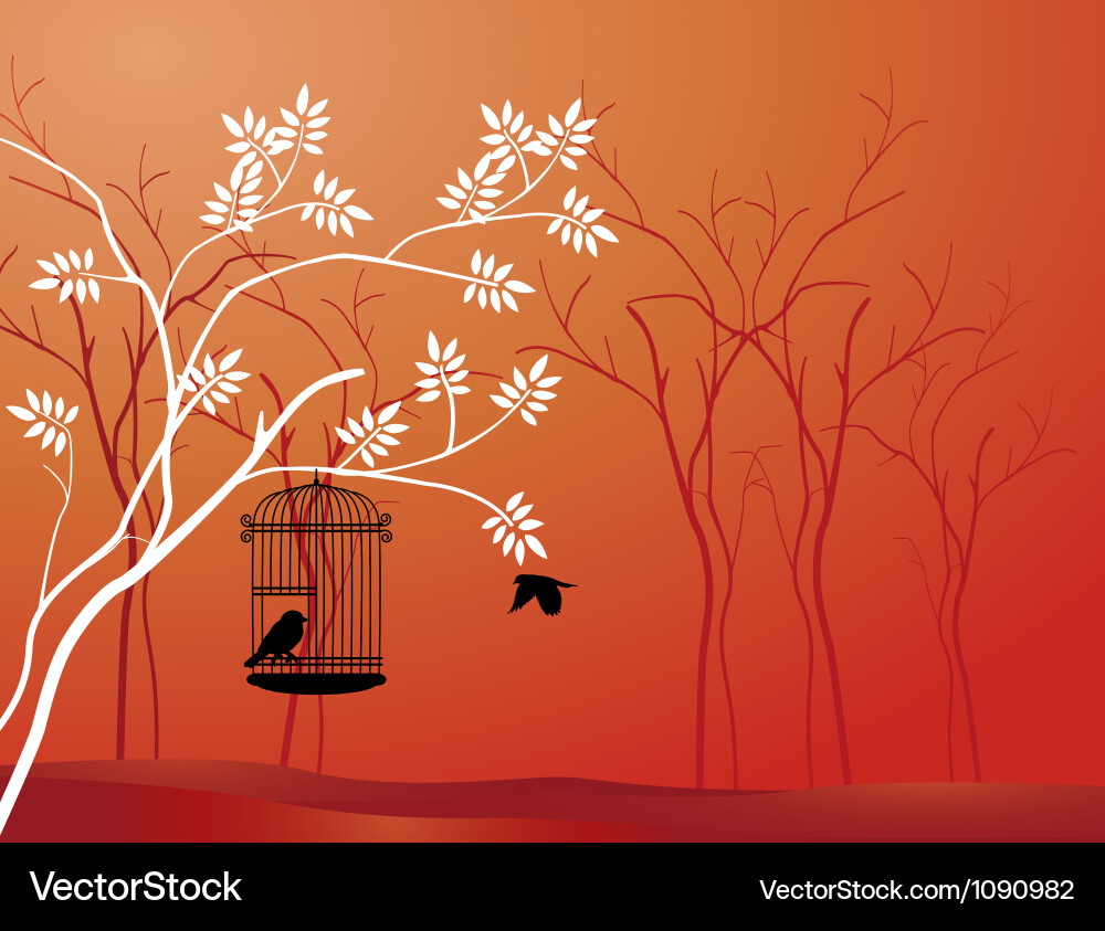 Tree silhouette with bird flying Royalty Free Vector Image