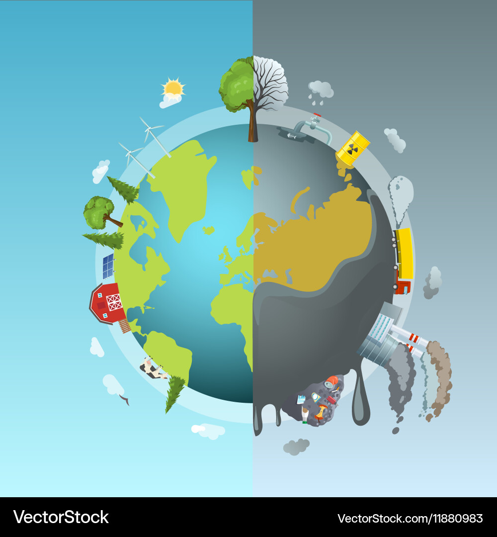 Environmental Divide: Clean vs. Polluted Earth Vector Image