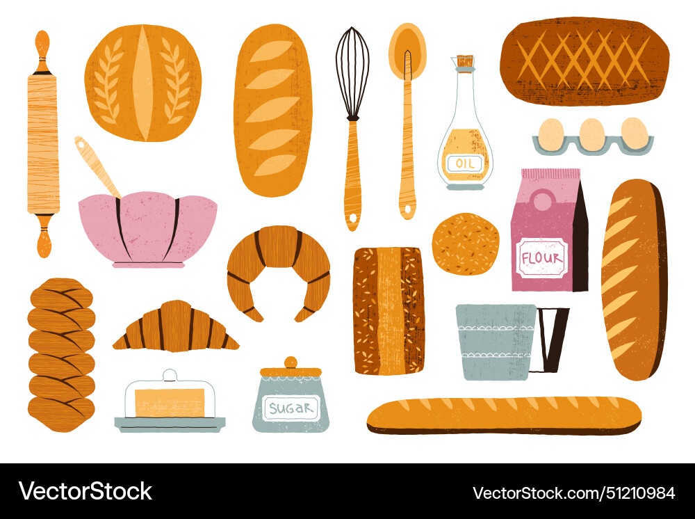 Baking ingredients cartoon kitchen tools and food Vector Image