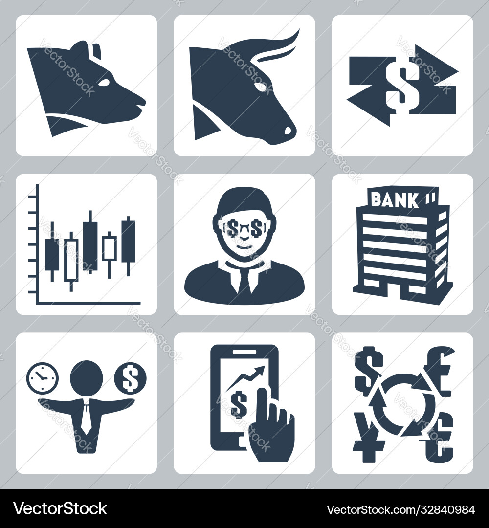 Money stock exchange icons set Royalty Free Vector Image
