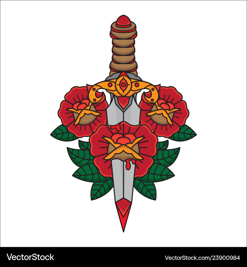 Traditional dagger and flower tattoo Royalty Free Vector