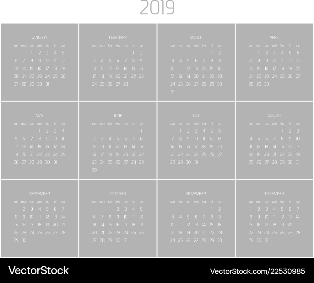 Calendar - year 2019 week starts from Royalty Free Vector