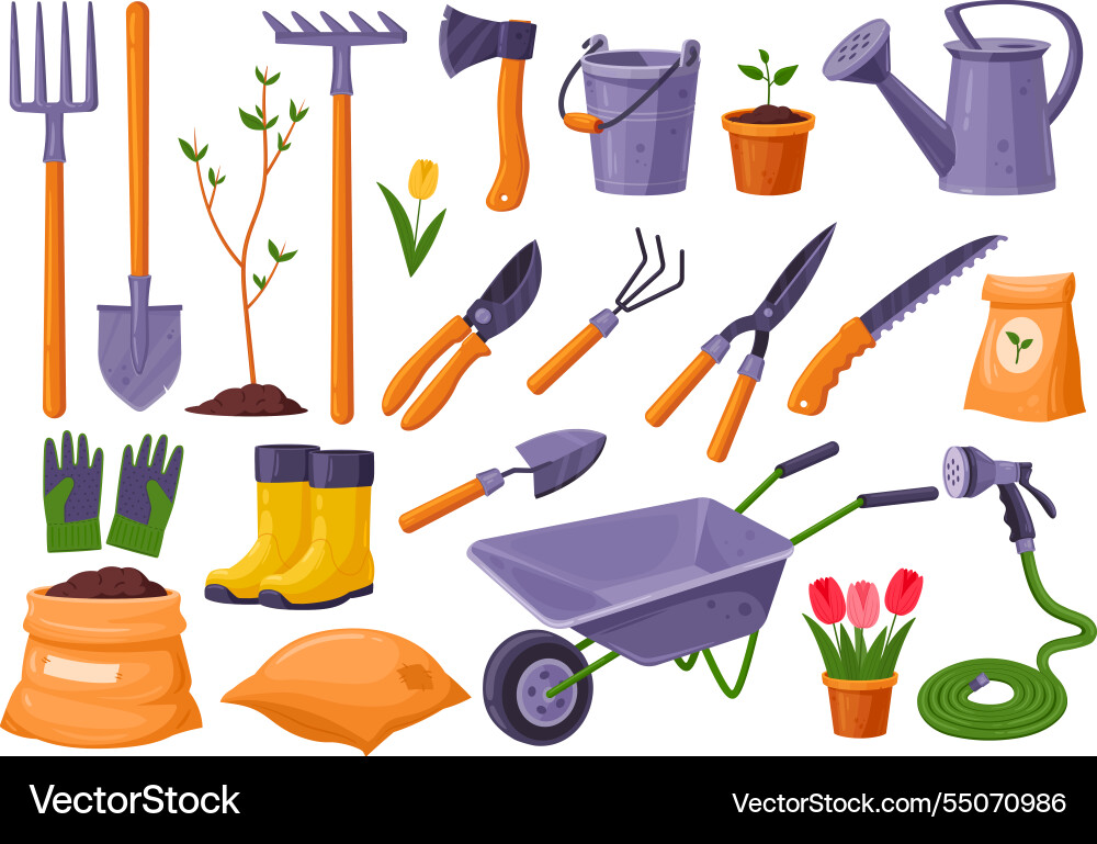 Cartoon Gardening Tools Set Royalty Free Vector Image