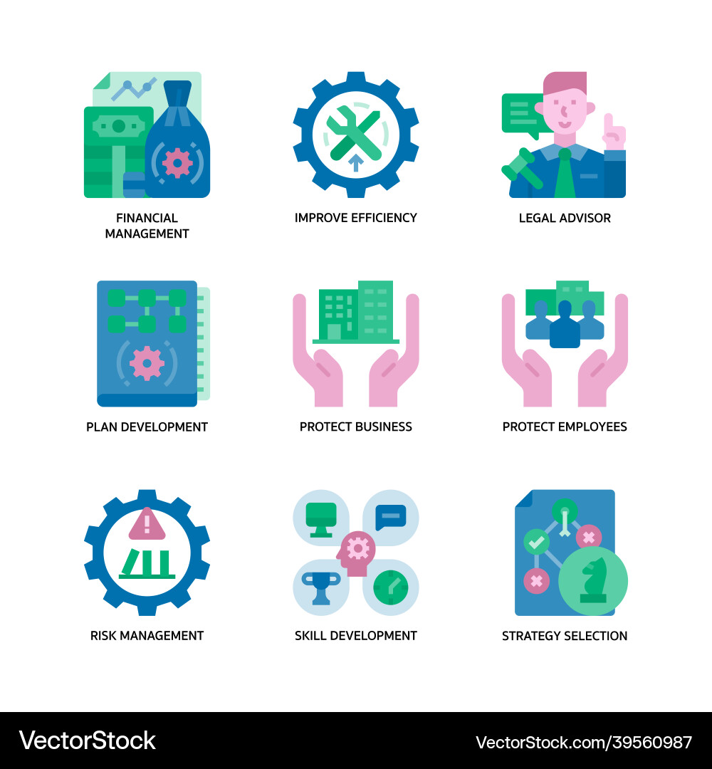 Business continuity plan icons set Royalty Free Vector Image