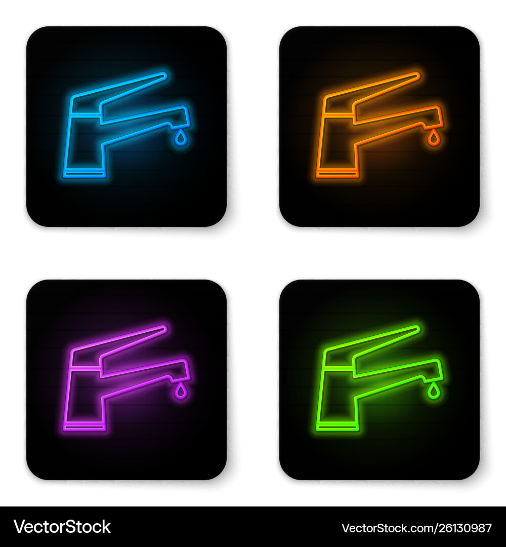 Glowing neon water tap with a falling drop Vector Image