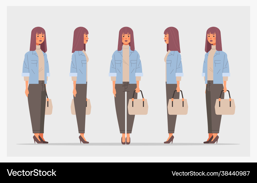 Set businesswoman with handbag front side view Vector Image