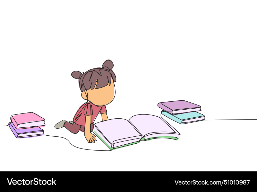 Single one line drawing girls reading books Vector Image