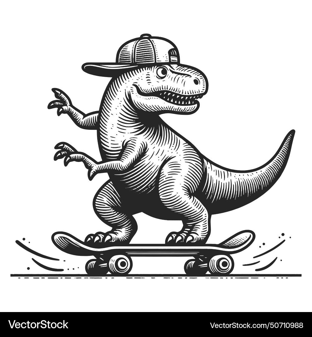 Cartoon dinosaur riding skateboard sketch Vector Image