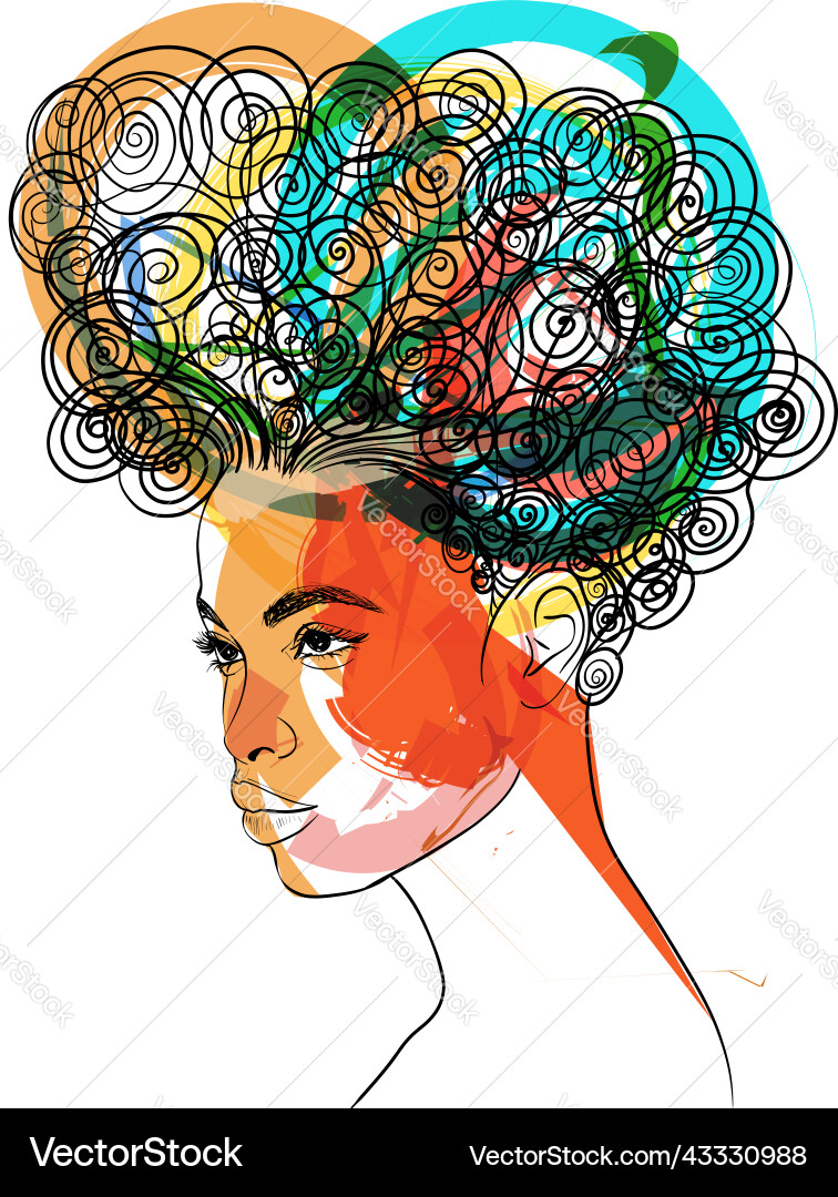 Line art woman face drawing black afro Royalty Free Vector