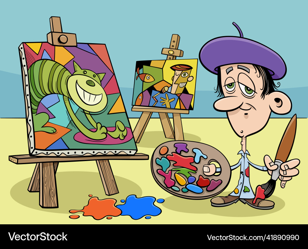 Cartoon artist painter character in his studio Vector Image