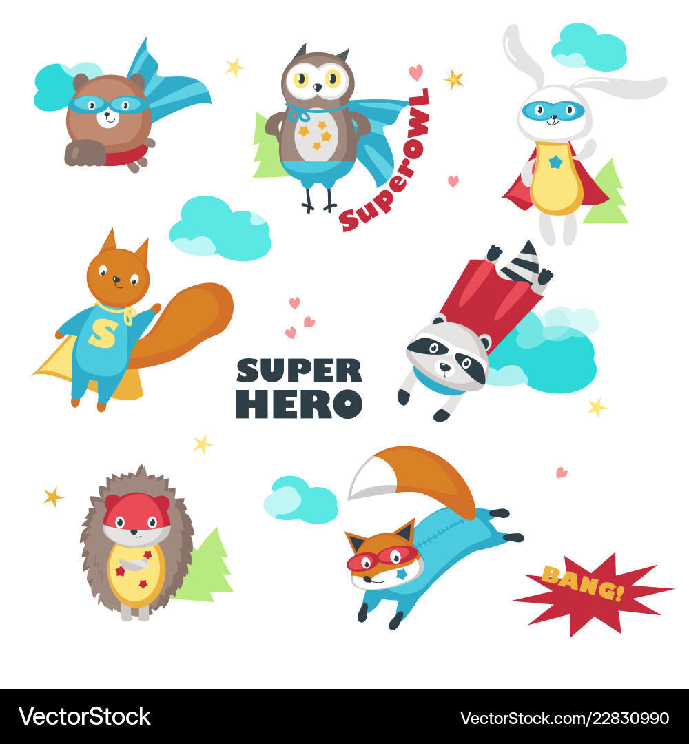 Cute little superhero animals isolated Royalty Free Vector