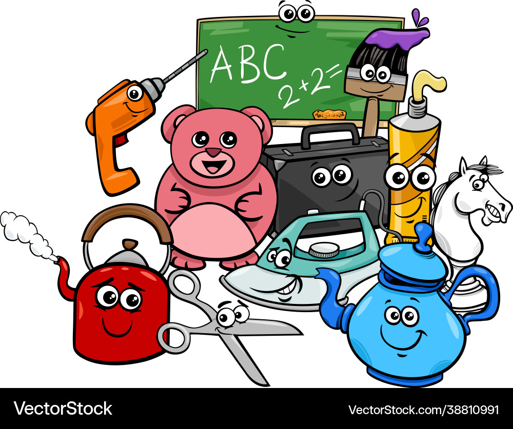 Funny objects characters group cartoon Royalty Free Vector