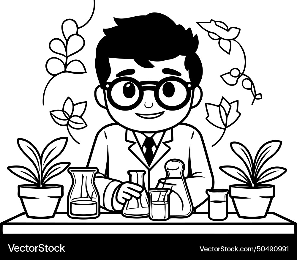 Scientist man working in laboratory with plants Vector Image