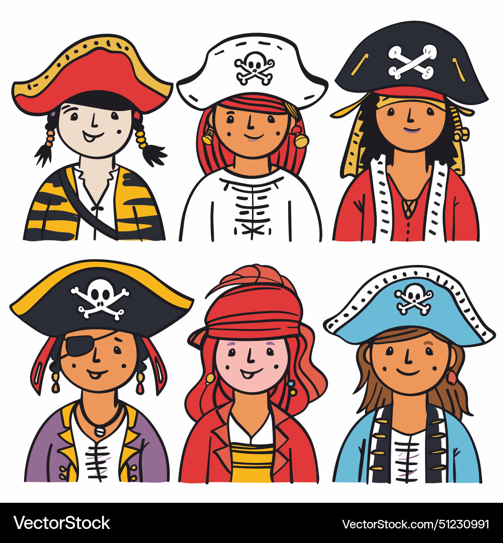 Six cartoon pirates smiling diverse characters Vector Image