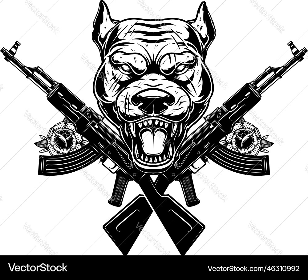 Angry dog head with crossed assault rifles design Vector Image