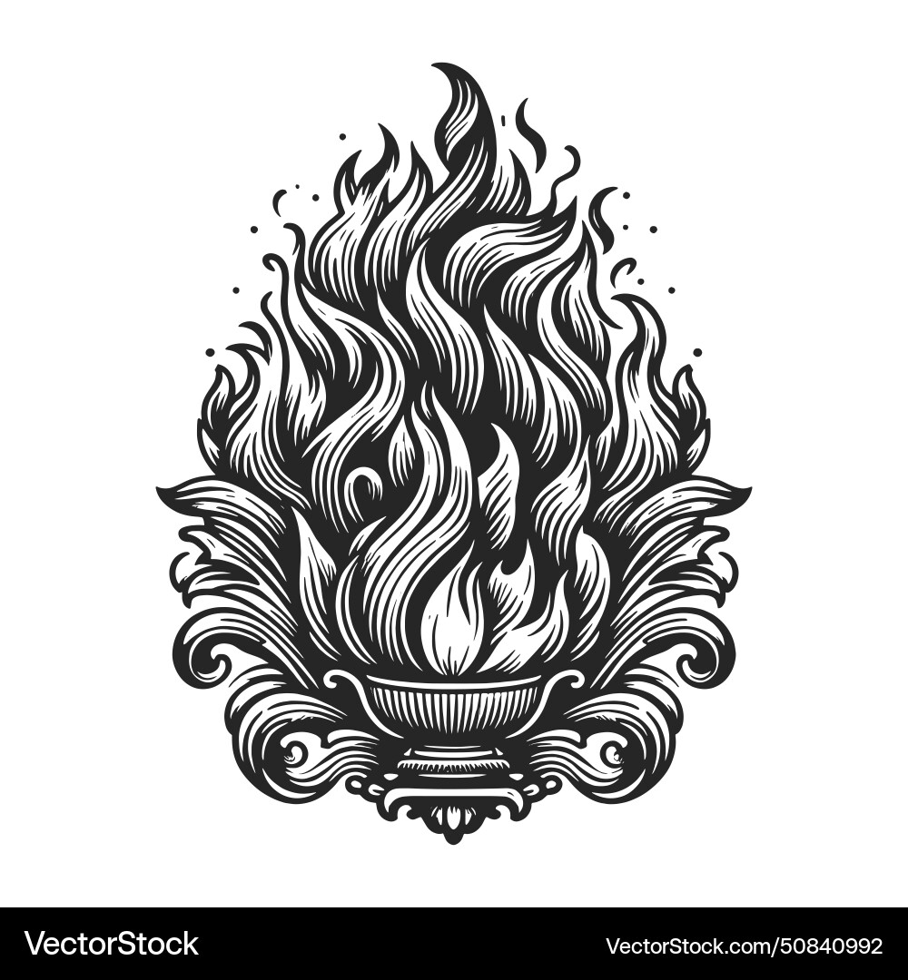 Campfire with roaring flames engraving Royalty Free Vector