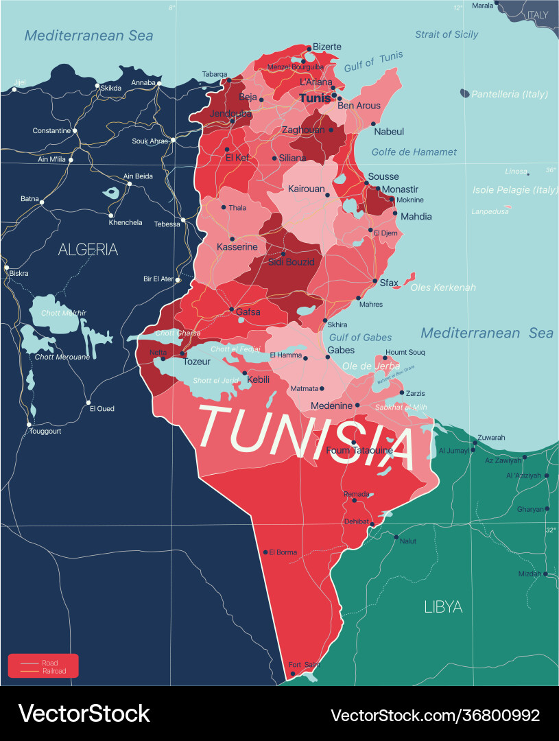 Tunisia country detailed editable map Royalty Free Vector