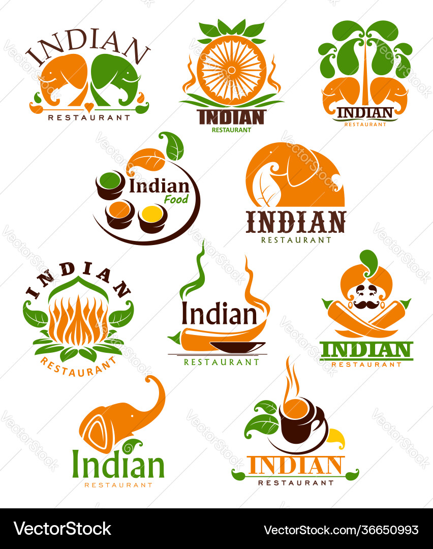 Indian food restaurant icons emblems set Vector Image
