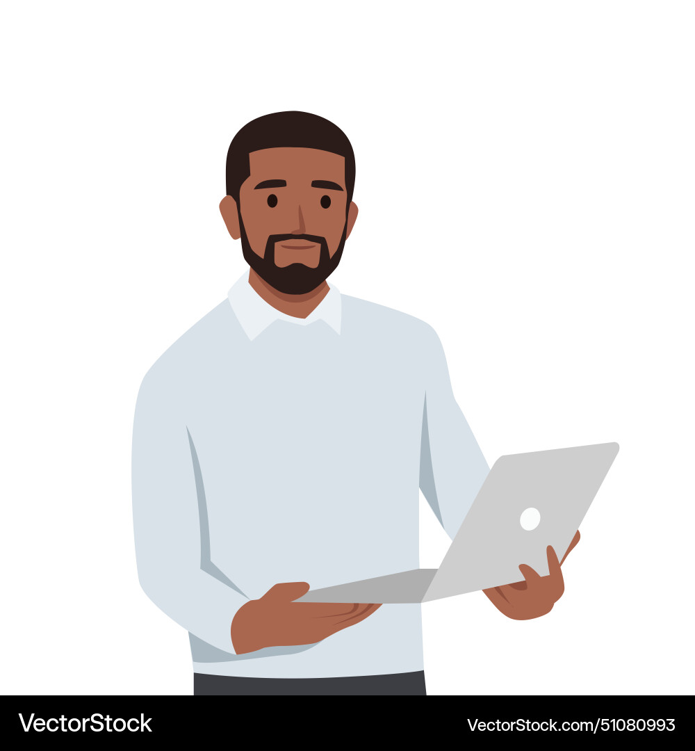 Young black man holding laptop computer Royalty Free Vector