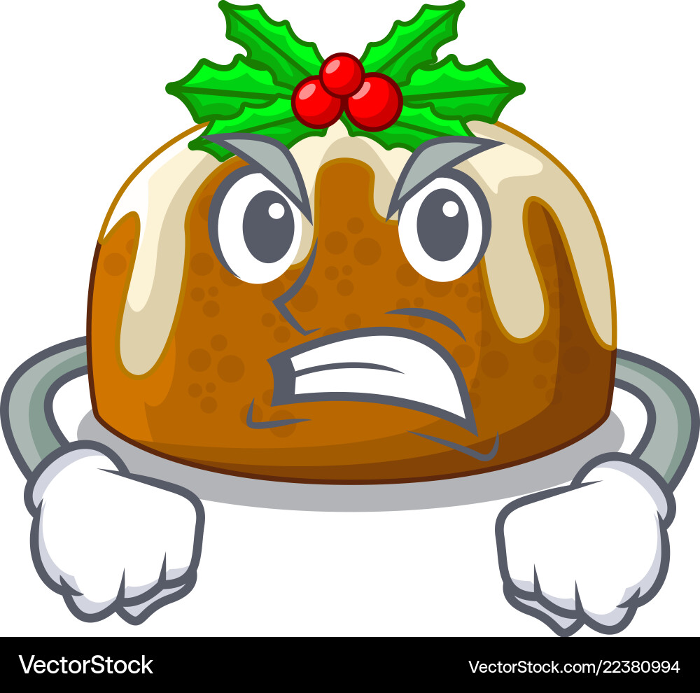 Angry christmas pudding on dinning table cartoon Vector Image