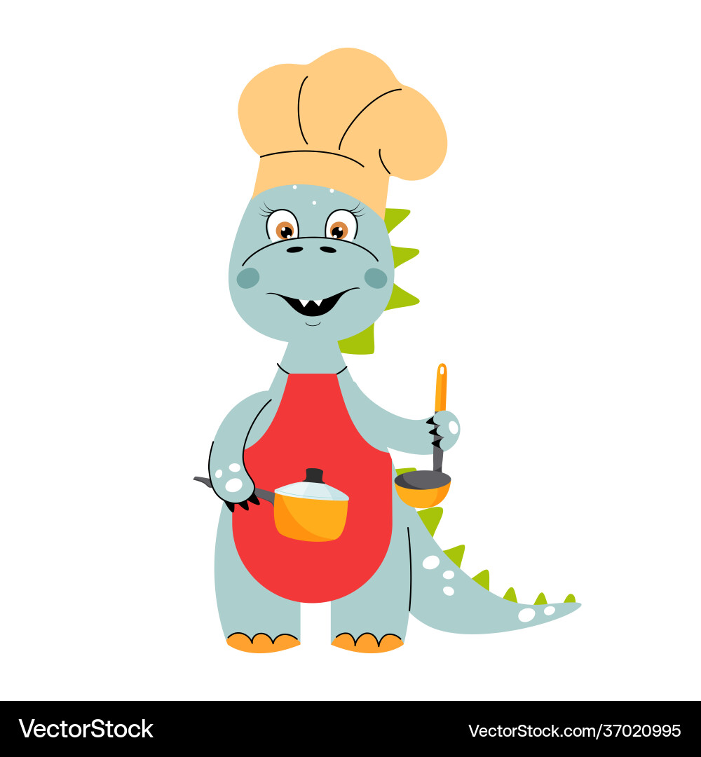 Cute dinosaur in chef hat and apron cooking meal Vector Image