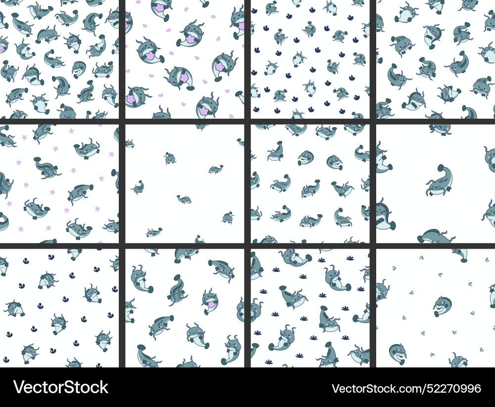Cute kawaii catfish in different poses seamless Vector Image