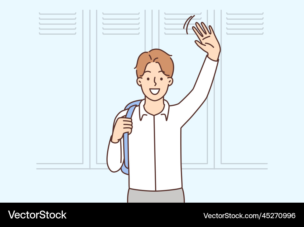 Smiling boy with backpack waving hello Royalty Free Vector