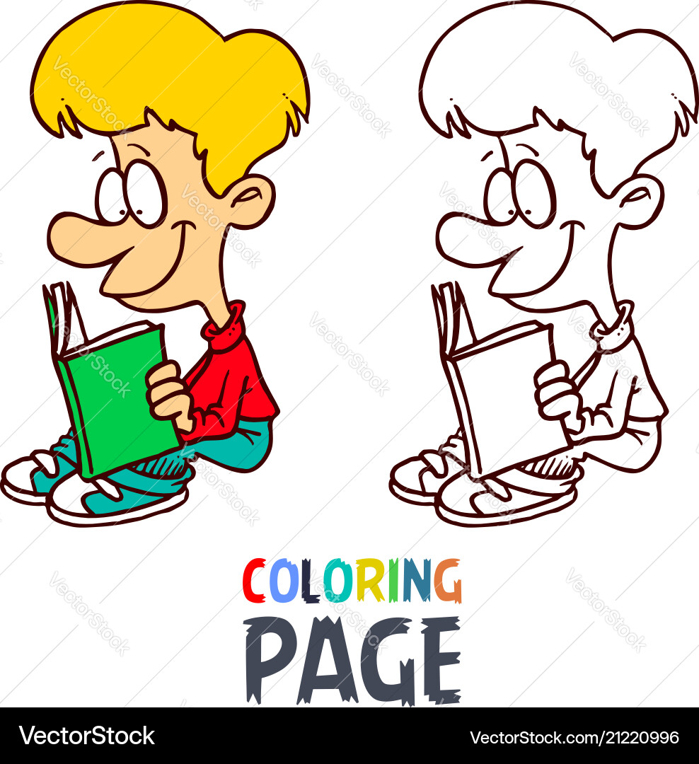 Young boy reading book cartoon coloring page Vector Image