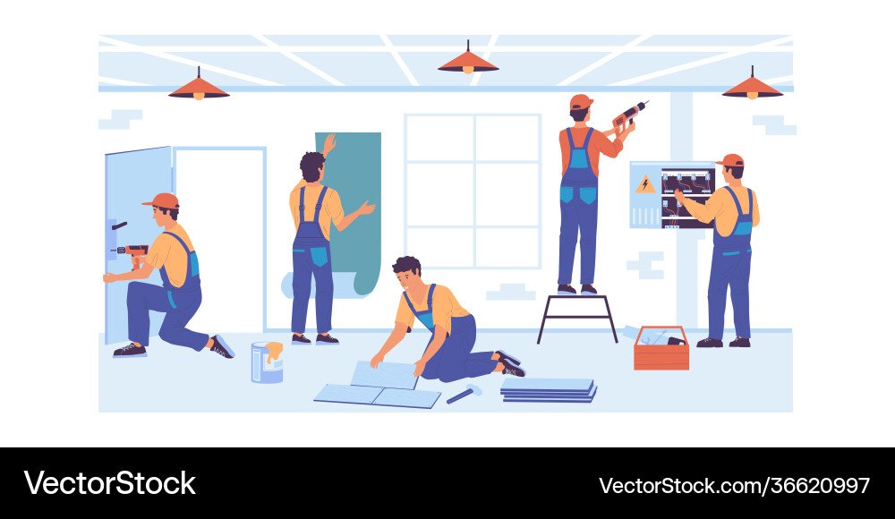 Home repair cartoon workers make renovation Vector Image