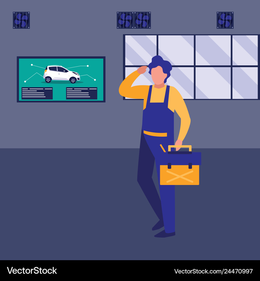 Mechanic worker with toolbox in the workplace Vector Image