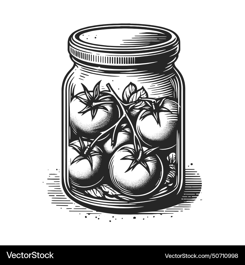Canned tomatoes in jar engraving sketch Royalty Free Vector