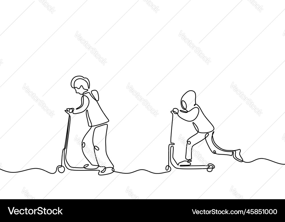 Continuous one line drawing of two kids playing Vector Image