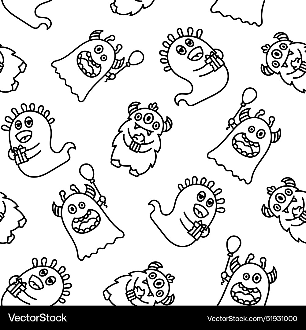 Cute monsters seamless pattern coloring page Vector Image