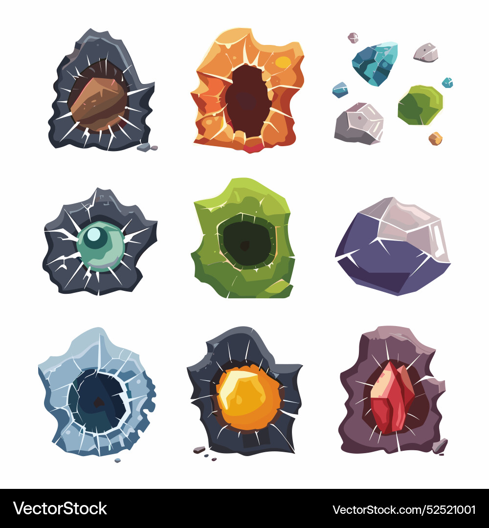 Collection colorful geodes crystals various shapes