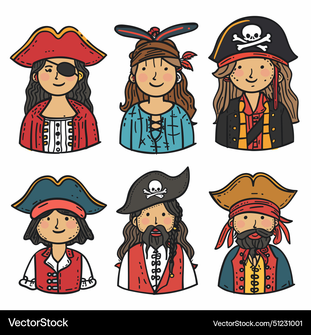 Collection six pirate characters Royalty Free Vector Image
