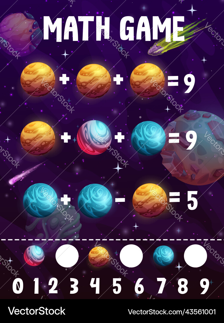 Math game worksheet with fantastic space planets Vector Image