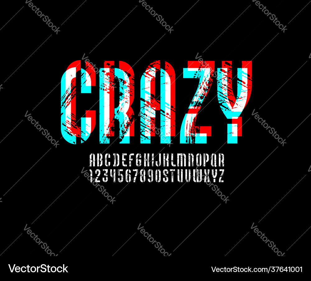 Stencil crazy font condensed bright alphabet Vector Image