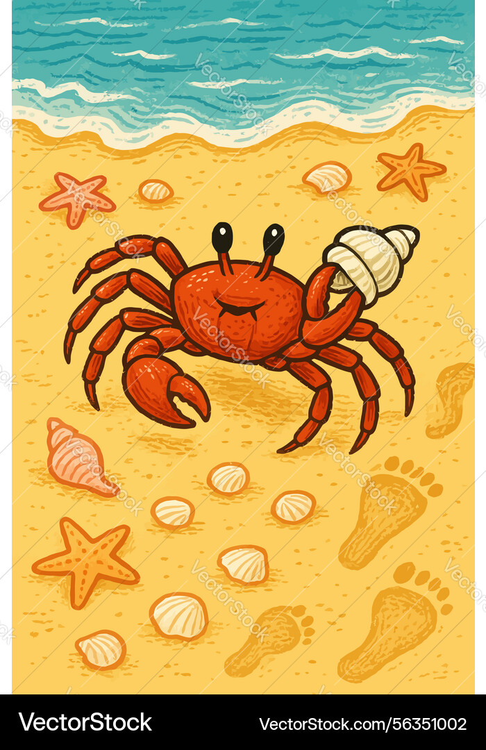 Cartoon crab holding seashell on sandy beach Vector Image