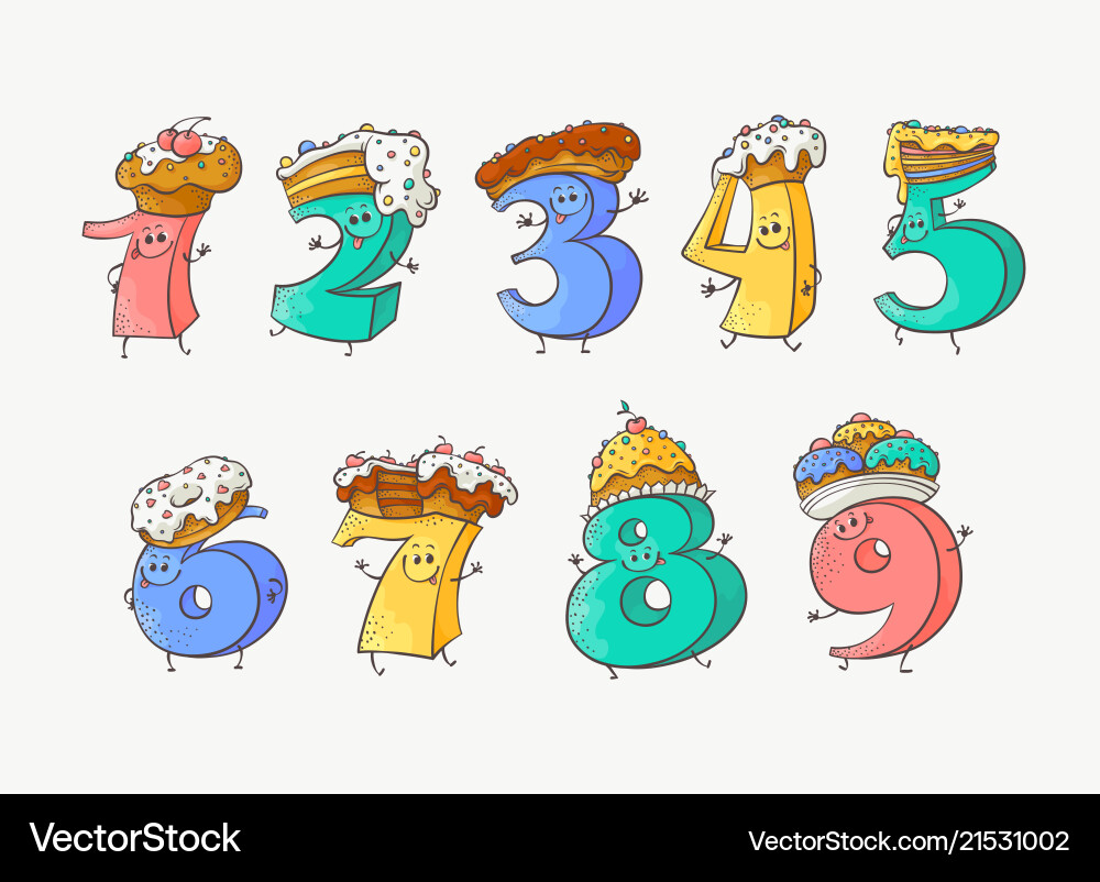Cute number cartoon characters with sweet cakes Vector Image