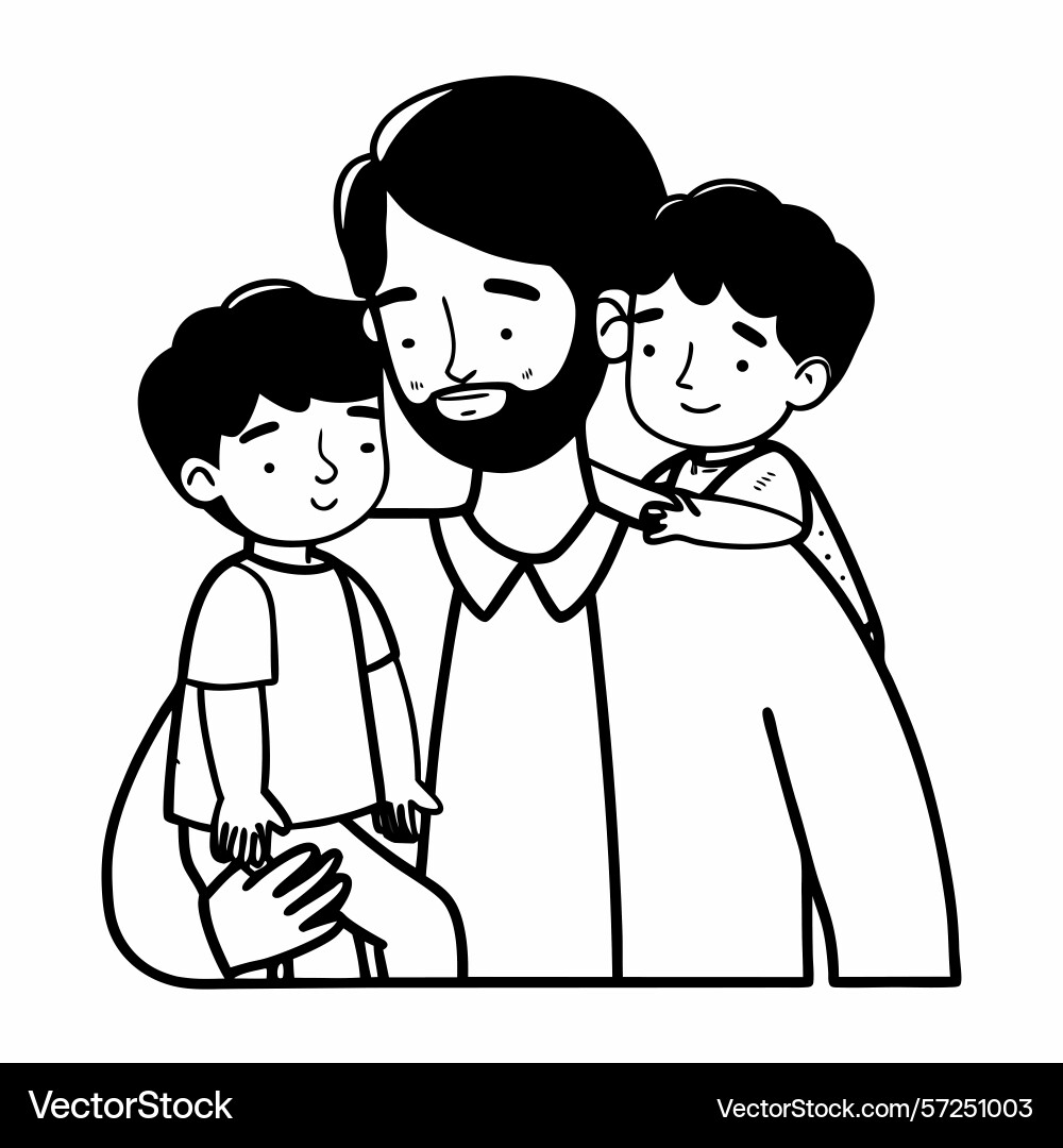 Monochrome line art silhouette father two sons Vector Image