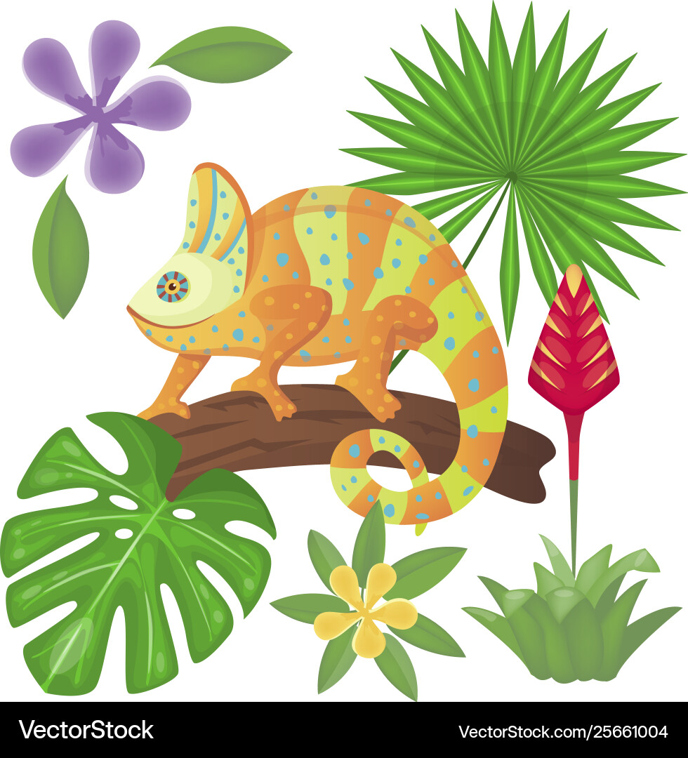 Jungle Chameleon with Tropical Leaves Royalty Free Vector