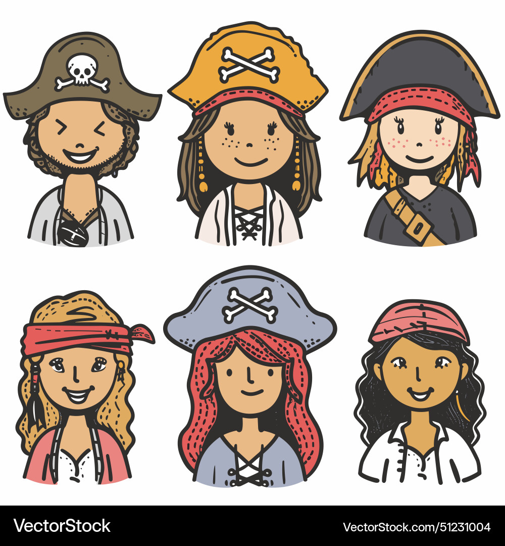 Six cartoon pirate faces diverse ethnicity smiling
