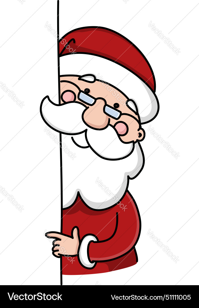 Santa claus behind a wall pointing sideways Vector Image