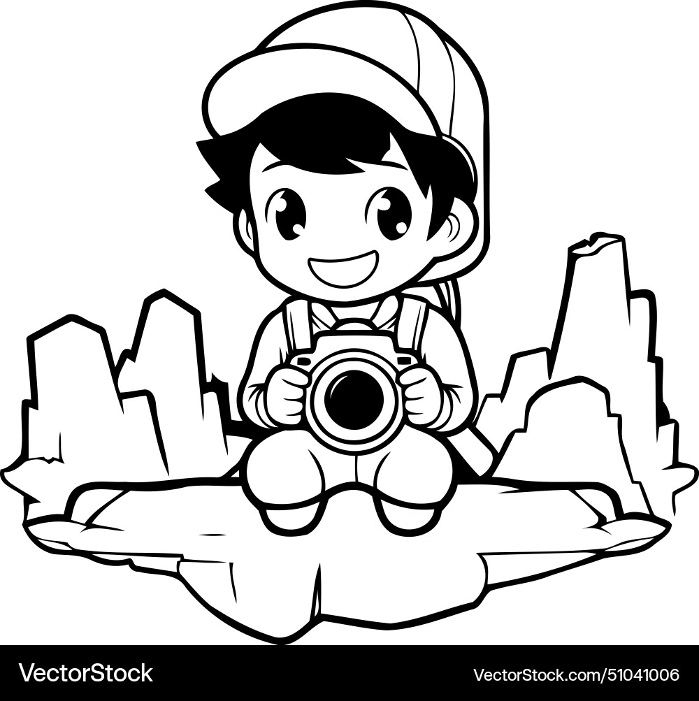 Cute cartoon boy with a camera sitting Royalty Free Vector