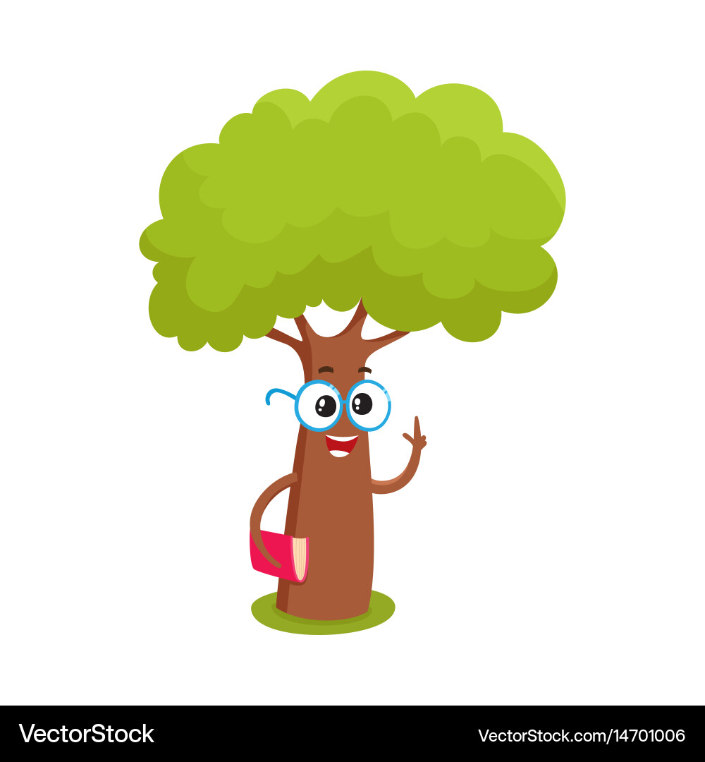 Lustiger intelligenter Comic Baum Charakter in runden Gläsern